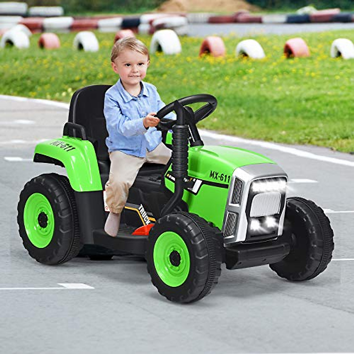 HONEY JOY Ride On Tractor with Trailer, Toddler 3-Gear-Shift Ground Loader, LED Lights, Horn, Music, 12V Battery Powered Electric Toy Tractor with Remote Control (Green)