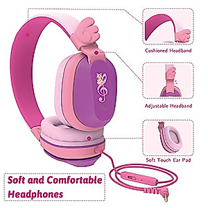 Riwbox Kids Headphones for School with Mic, CS6 Folding Stereo Headphones Over Ear Wired Headset Sharing Function with Mic and Volume Control Compatible for iPad/iPhone/PC/Kindle/Tablet (Pink&Purple)