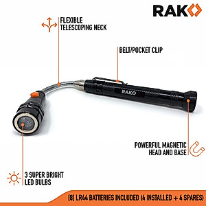 RAK Telescoping Magnetic Pickup Tool - Extendable Magnetic Flashlight - HVAC Tools Gifts for Men - Long LED Magnet Stick Tool for Mechanic, Tech, Handyman - Birthday Gifts for Dad