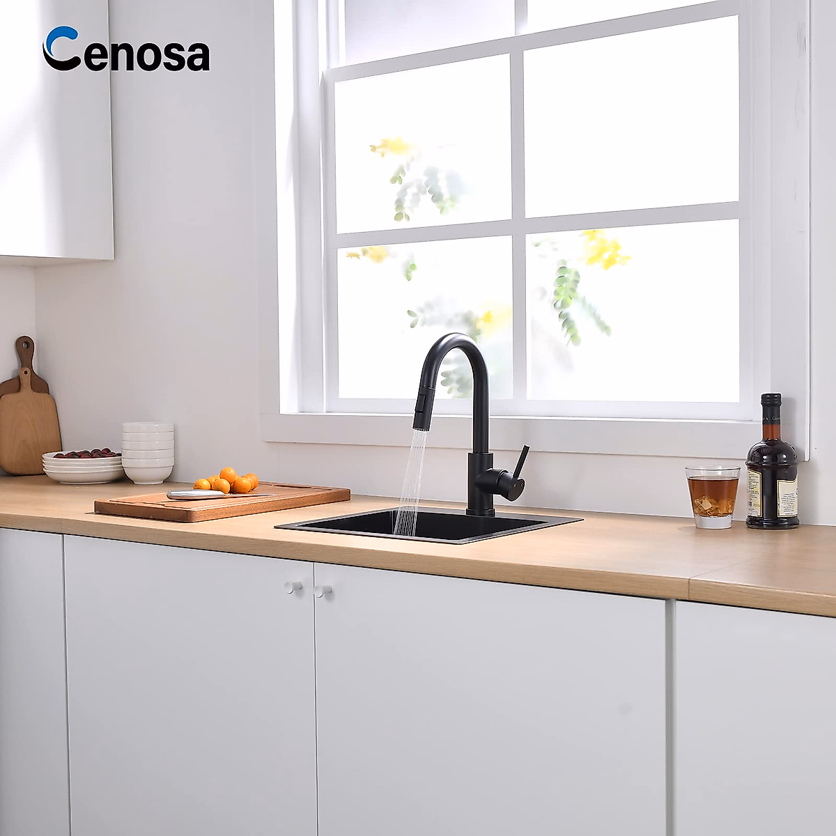 Cenosa Modern Bar Sink Faucet for Kitchen Sink Single Handle with Pull Out Sprayer Hot and Cold Prep Sink Faucet Matte Black