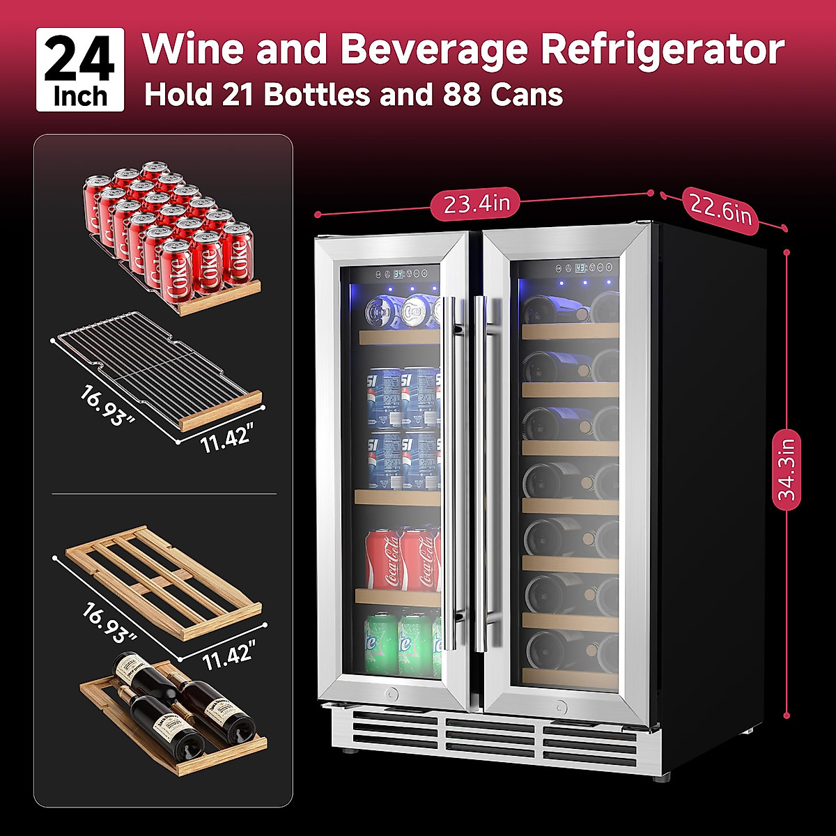 Icyglee 24" Wine and Beverage Refrigerator, Dual Zone Wine Cooler with Glass Door, Hold 88 Cans and 21 Bottles, Built in or Freestanding Under Counter Wine Fridge with Blue LED Light.