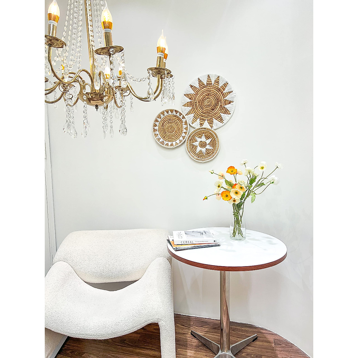 Desantiago Boho Wall Basket Decor - Set Of 3 White Round Wall Baskets Decorative, Decorative Hanging Baskets, Black Wicker Baskets Decorative, Corner Hanging Basket