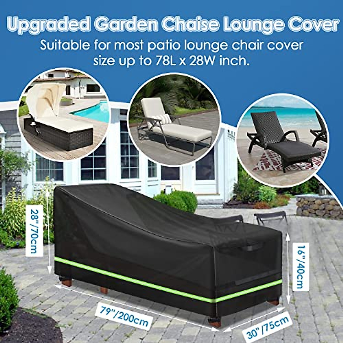 GARPROVM Chaise Lounge Cover, Waterproof 420D Heavy Duty Patio Outdoor Lounge Chair Cover, 2 Handle, PU Coating, Reflective Tape, UV Resistant & Tear-Resistant, 2 Pack - 79‘’ L x 30‘’ W x 28‘’H