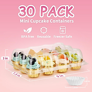 (12 Pack x 30 Sets) Gencywe Mini Cupcake Containers with 375 Pack Cupcake Liners, Plastic Cupcake Holder with High Dome, Stackable Mini Cupcake Boxes Carrier, Clear Disposable Cupcake Trays -MINI SIZE