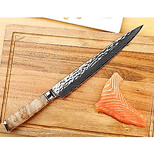 SUNLONG Fillet Knife Sashimi Sushi Carving Knife 10 Inch Japanese Knife - 67 layer Damascus Steel- Natural Burl Wood Handle - Walnut Wood Sheath - Flannel Knife Bag