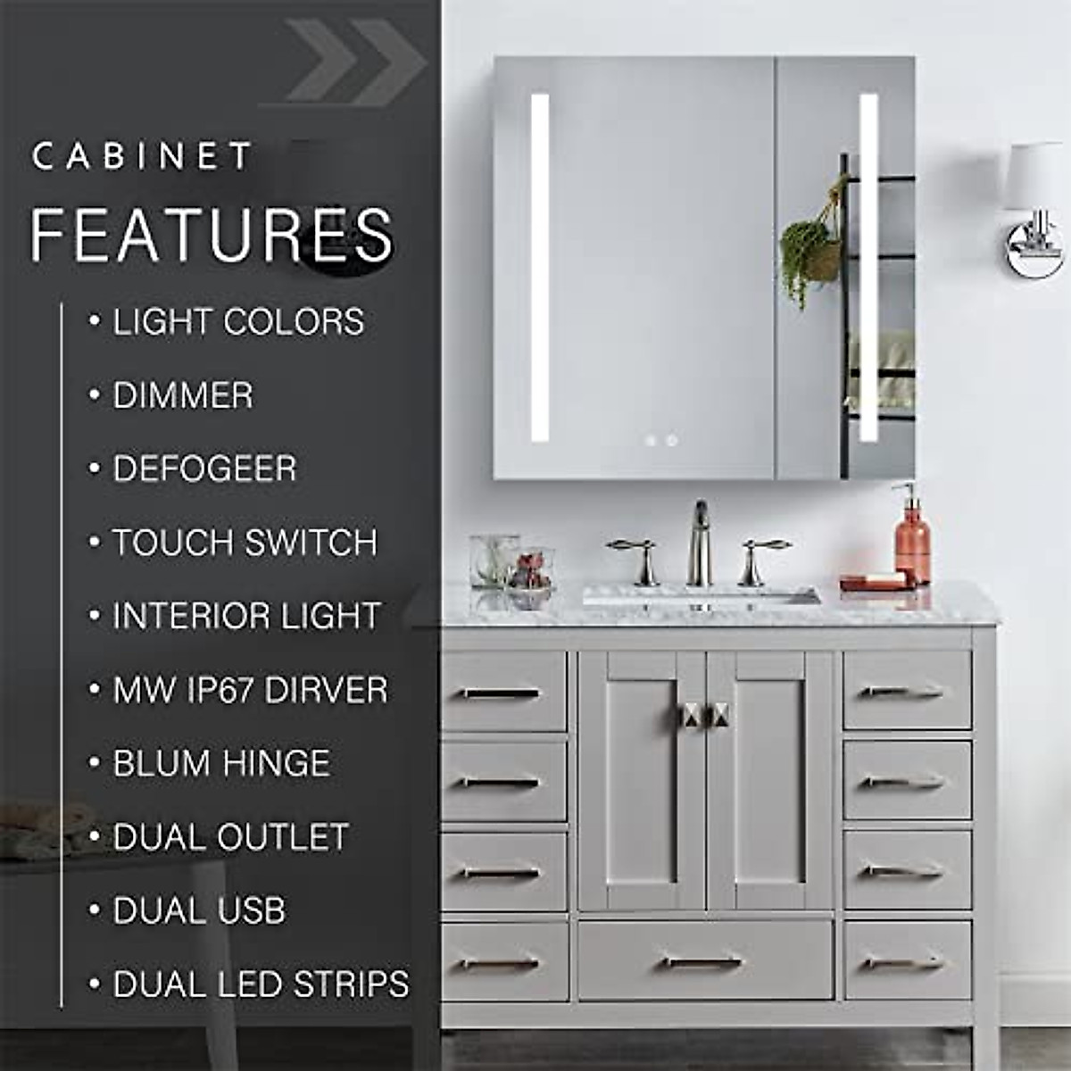 WELLFOR Bathroom LED Mirrored Cabinet with Adjustable Shelves, Dimmer, Outlets & USB Ports, Defog, Wall Bathroom Medicine Cabinet, Bathroom Mirror, Recessed or Surface, Double Opening Doors, 30" X 30"