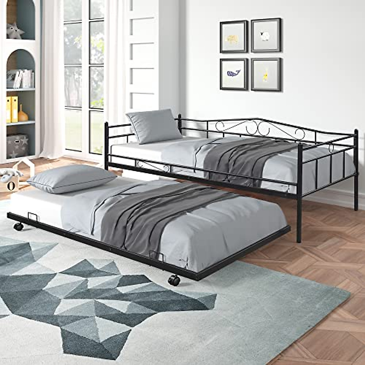 Lostcat Twin Size Daybed Bed with Trundle,Metal Bedframe with Safety Guardrails & Heavy Duty Steel Slat Support,for Kids Teens Adults.No Box Spring Needed (Black)
