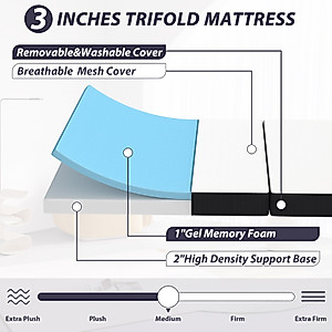 Folding Mattress, Tri-Fold Gel Memory Foam Mattress Portable Foldable Mattress with Washable Cover & Non-slip Bottom & Breathable Mesh Sides, Certipur-Us Certified, Fiberglass Free, (3 Inch, Twin)