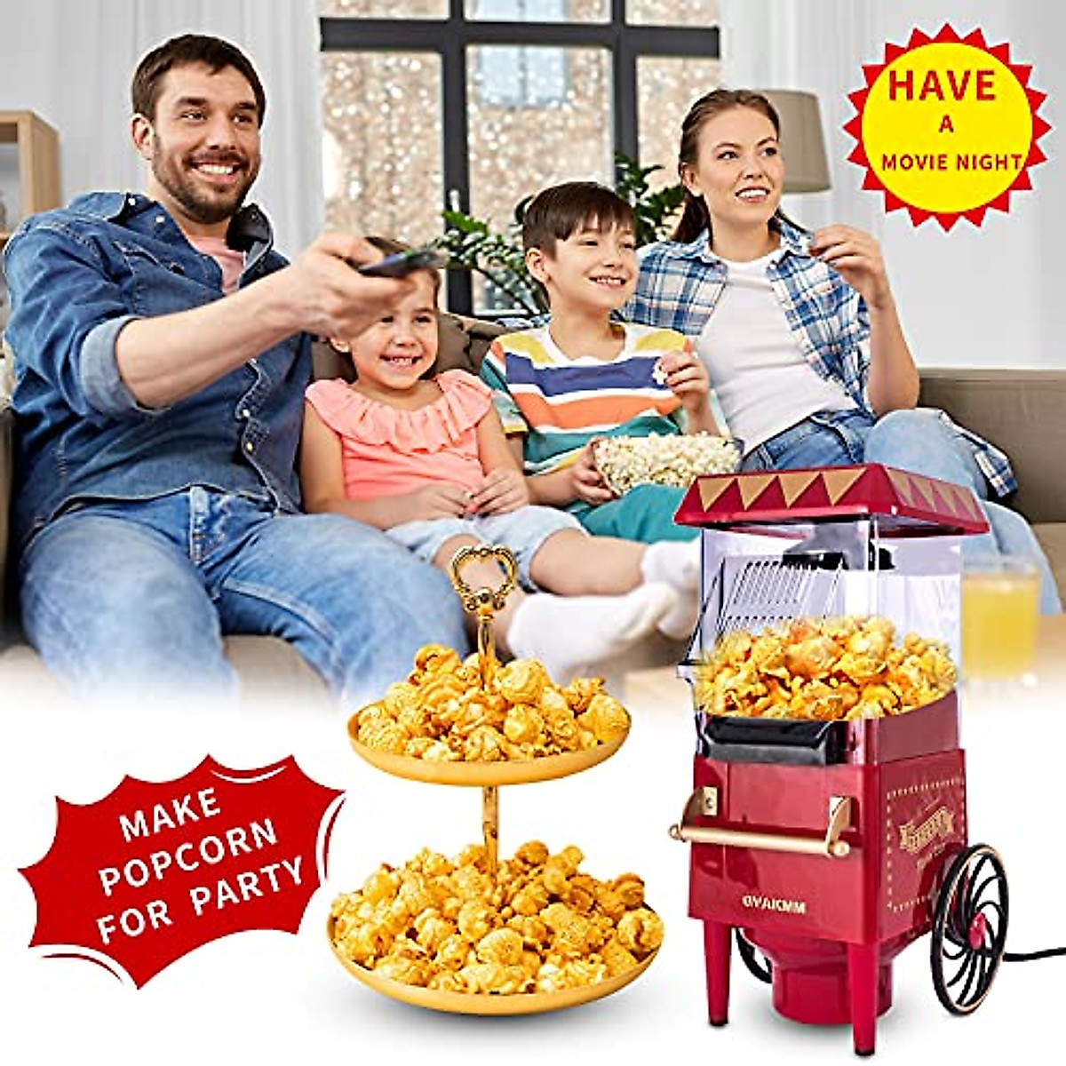 GVAKMM Retro Cart Popcorn Machine Hot Air Popcorn Maker Home Protable Popcorn popper Machine For Party Movie Night and Birthday Gift