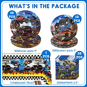 Truck Birthday Party Decorations, 41Pcs Truck Themed Party Tableware set include 1 Tablecloth, 10 Plates 7",10 Plates 9" and 20 Napkins for Boys Race Car Themed Birthday Party