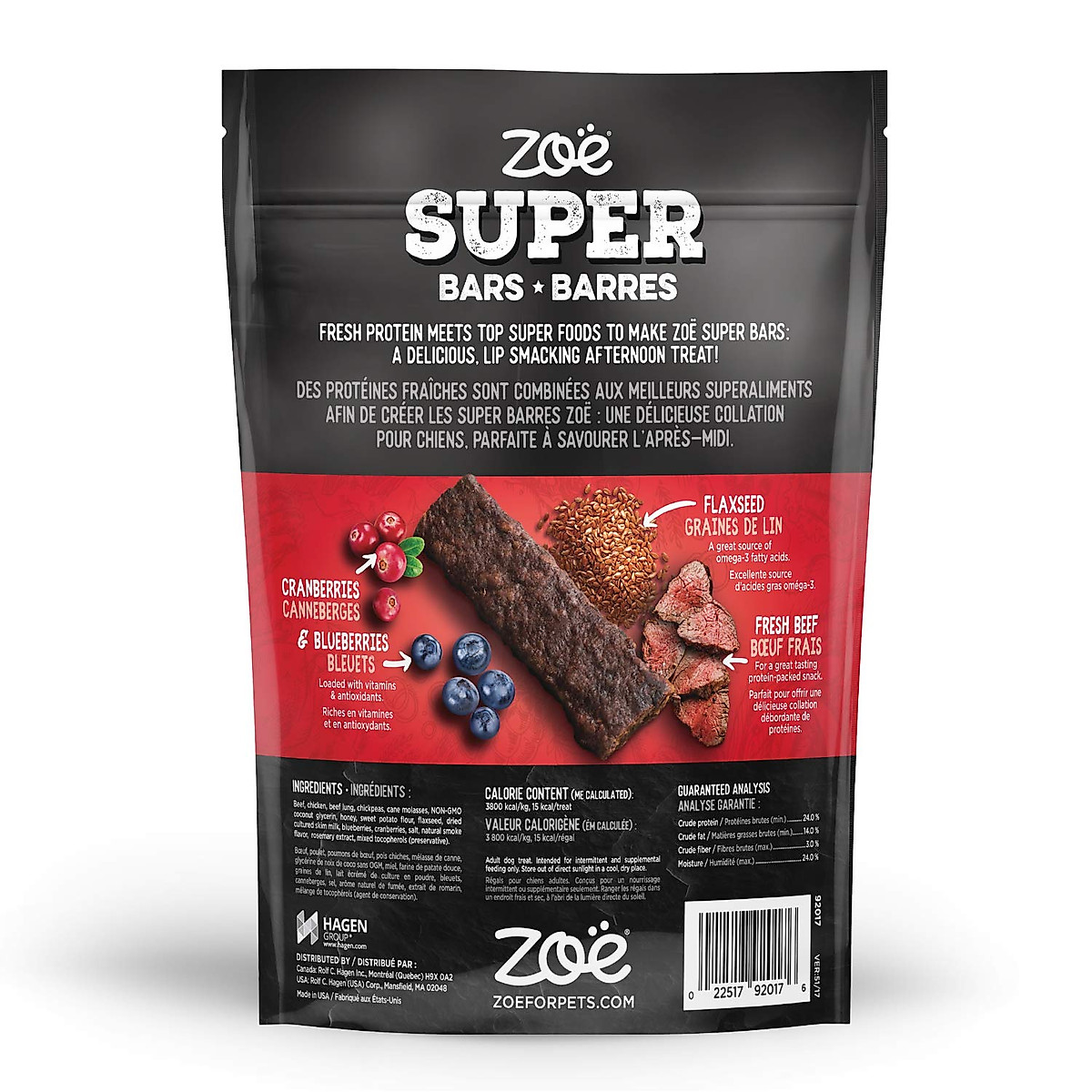 Zoe Super Bar Natural Dog Treats, Protein-Packed, Grain-Free and Gluten-Free, Made in The USA Only, Beef Recipe, 6 oz, 92017