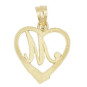 Ice on Fire Jewelry 10k Solid Gold Initial Pendant in Heart Frame with Diamond Cut Finish, Available in Different Letters of Alphabet Personalized Charm for Women (M)