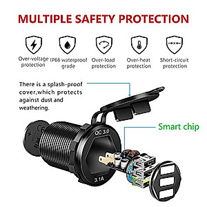 Quick Charge 3.0 Car Charger, 12V/24V 35W QC3.0/2.0 USB Charger Socket, 3 USB Charger Socket Power Outlet Fast Charge with Wire Fuse Aluminum Car Boat Marine ATV Bus Truck Golf Cart and More(Black