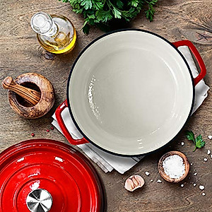 NutriChef Enameled Cast Iron Dutch Oven-5-Quart Kitchen Round Dutch Oven Stovetop Casserole Cookware, Porcelain Enamel Coated Cast-Iron Baking Pots w/ Self Basting Lid-NCCIEC45(Red),Medium