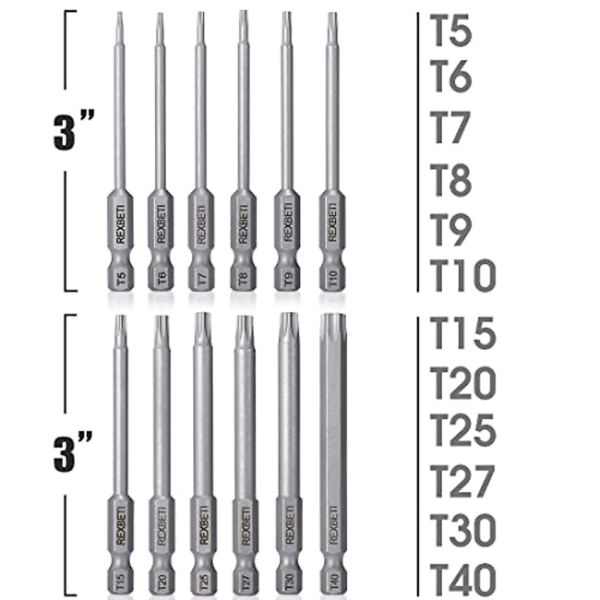 REXBETI 12 Piece Torx Head Screwdriver Bit Set, 1/4 Inch Hex Shank S2 Steel Magnetic 3 Inch Long Drill Bits, T5-T40 (Torx Head)