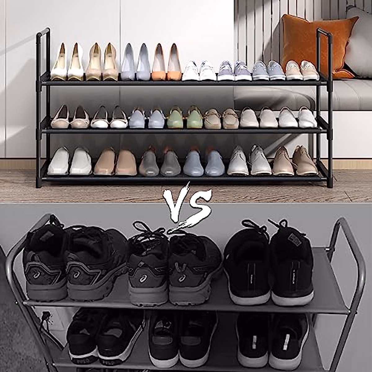 HITHIM 3 Tier Long Shoe Rack,Stackable Wide Shoe Shelf for Shoe Storage,Sturdy Shoe Stand,Non-Woven Fabric Shoe Organizer for Closet,Upgrade Shoe Holder for Entryway, Doorway and Bedroom