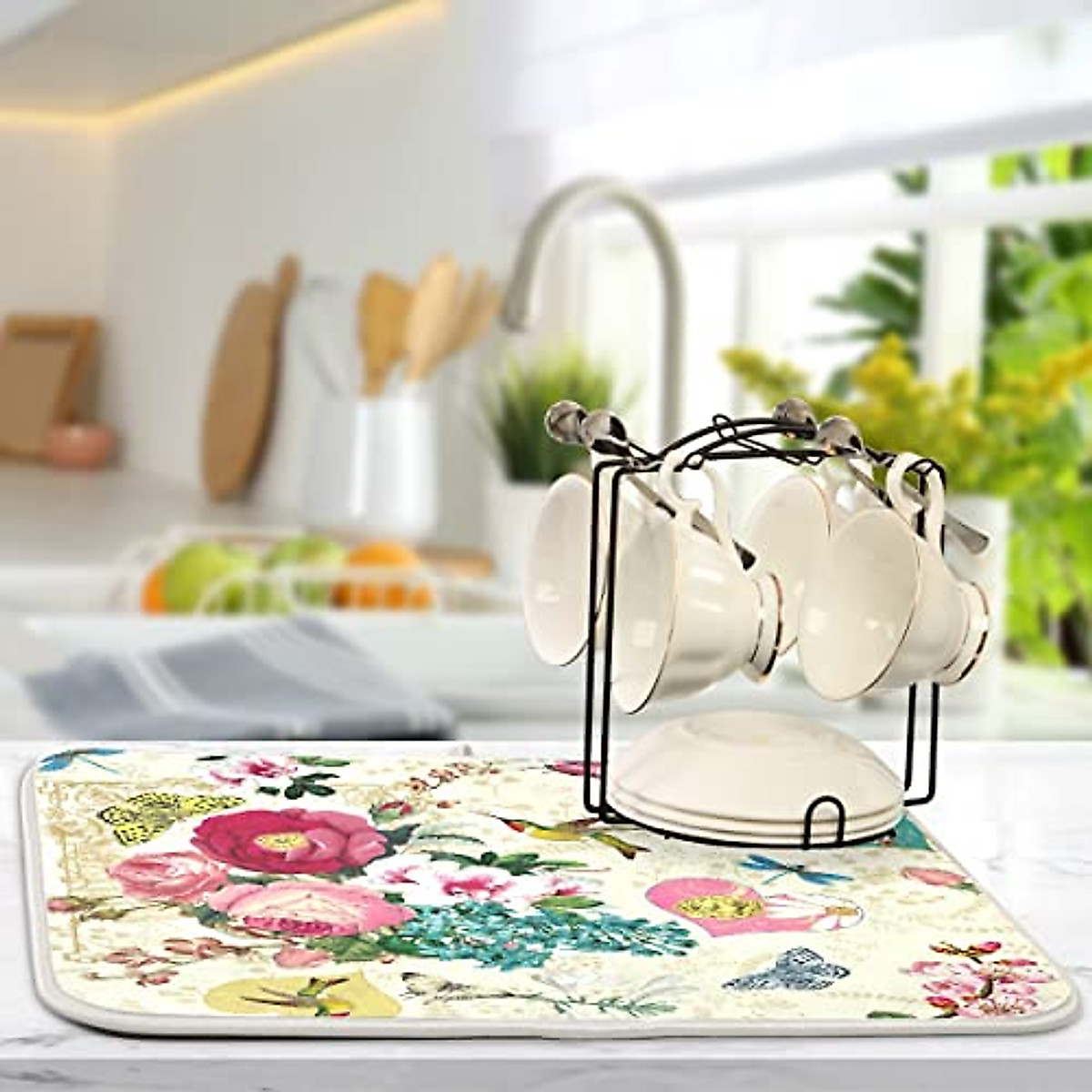 Beautiful Flower Dish Drying Mat For Kitchen Counter, Ultra Absorbent Reversible Microfiber, and Protector for Kitchen Countertops 18 In x 24 In