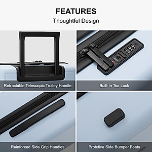 LEVEL8 Elegance Carry-on Suitcase, 20 Inch Carry on Luggage, Hardside Large Suitcases with Wheels, Tavel Bag with Tsa Lock, Light Blue