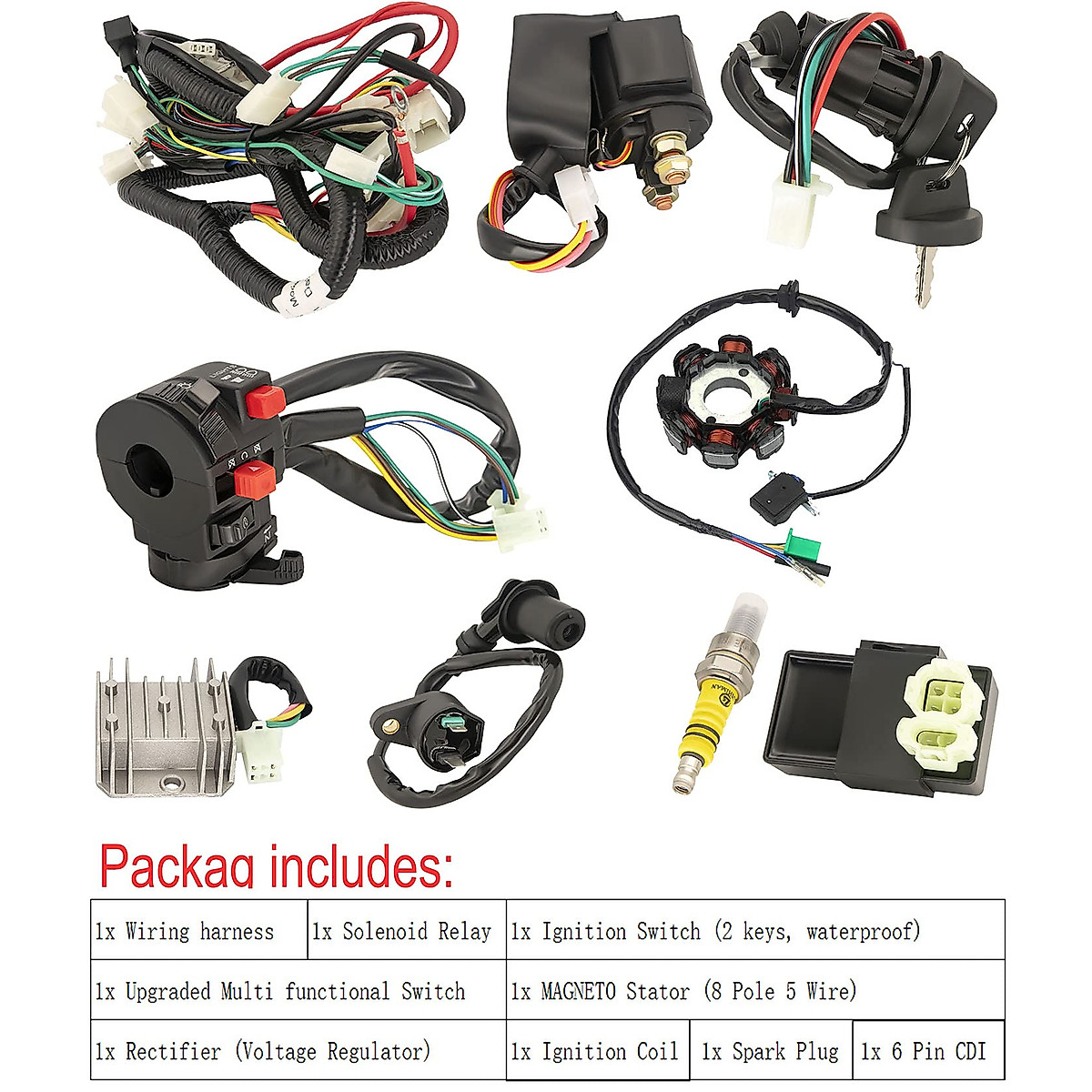 Complete Wiring Harness Kit Electrics ATV Wire Harness Kit with CDI Stator Regulator Ignition Switch Solenoid Relay For GY6 125cc 150cc Pit Bike Scooter ATV Quad Go Kart 4-Stroke Parts by Yolik