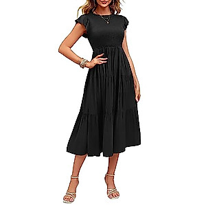 Holipick Women's Summer Casual Dress Short Sleeves Crew Neck Smocked High Waist Tiered A-Line Midi Dress M Black
