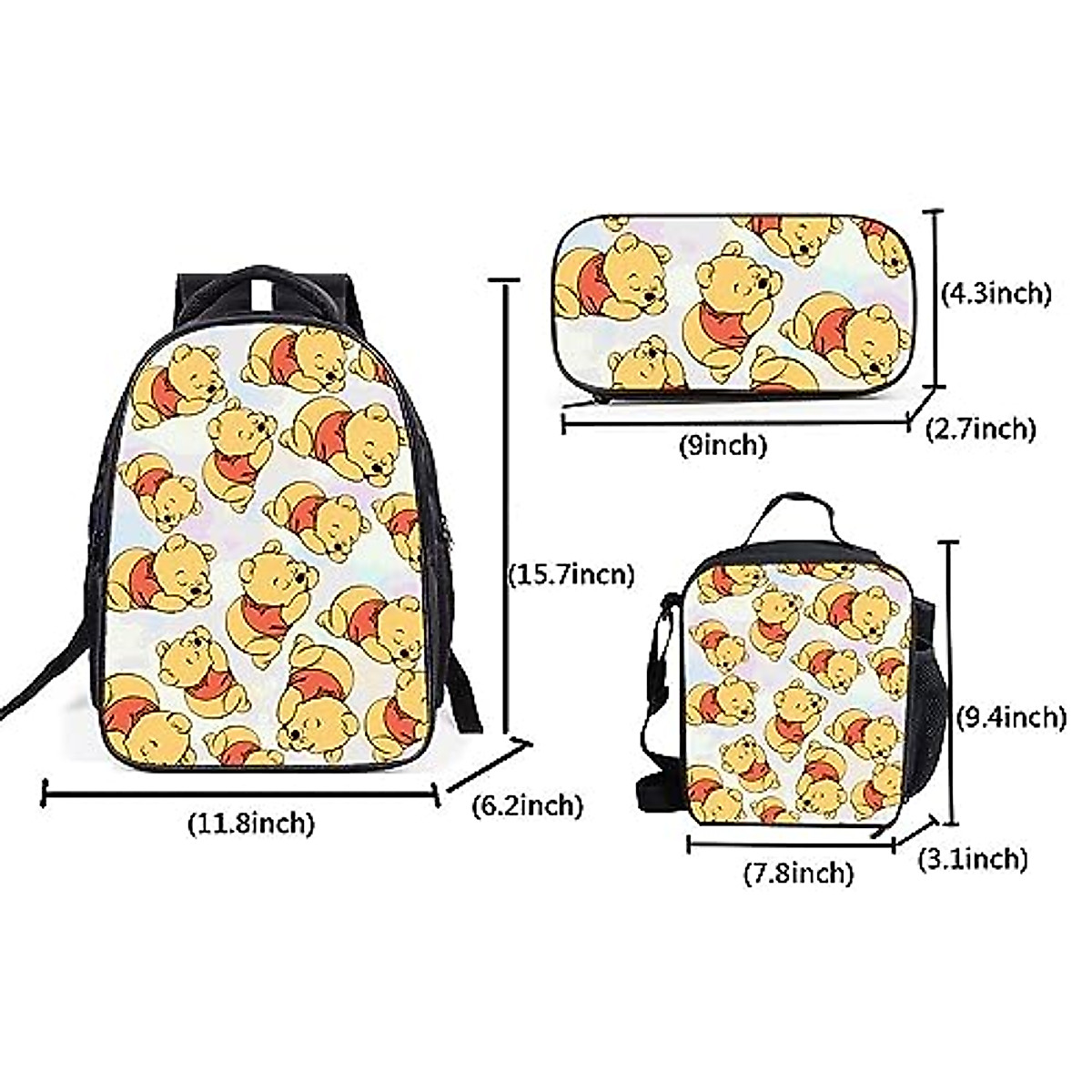 oqizkeu Wi.nnie the P.ooh Bear Teens Backpack 3Pcs Travel Laptop Schoolbag Sets Daypack with Lunch Box And Pencil Case for Boys Girls Gifts