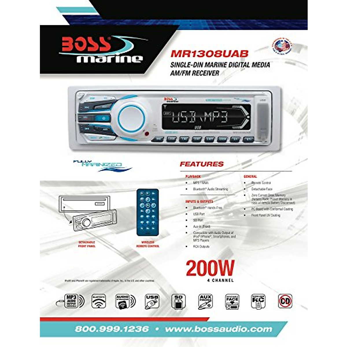 BOSS Audio Systems MR1308UAB Marine Receiver - Weatherproof, Bluetooth Audio, USB, SD, MP3, AM/FM, Aux-in, No CD Player, White, 8.50in. x 8.50in. x 4.00in.