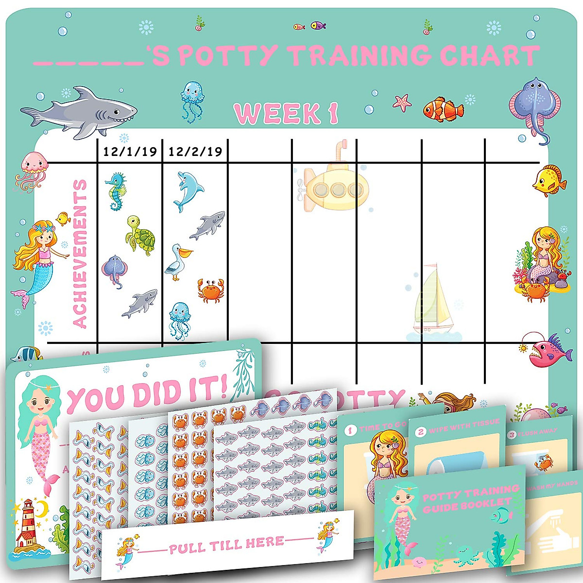 Potty Training Chart for Toddlers, Fun Mermaid, Shark, Fish, Frozen Princess Theme, 4 Week Star Reward Sticker Chart for Preschool Boys Girls Kids Babay, Better Use with Toilet Seat, Chart, Time Watch