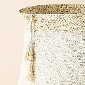 Rope Basket Woven Storage Basket - Laundry Basket Large 17.3x 15 x 14.1 Inches Cotton Blanket Organizer, Baby Nursery Containers White Home Decor Gift