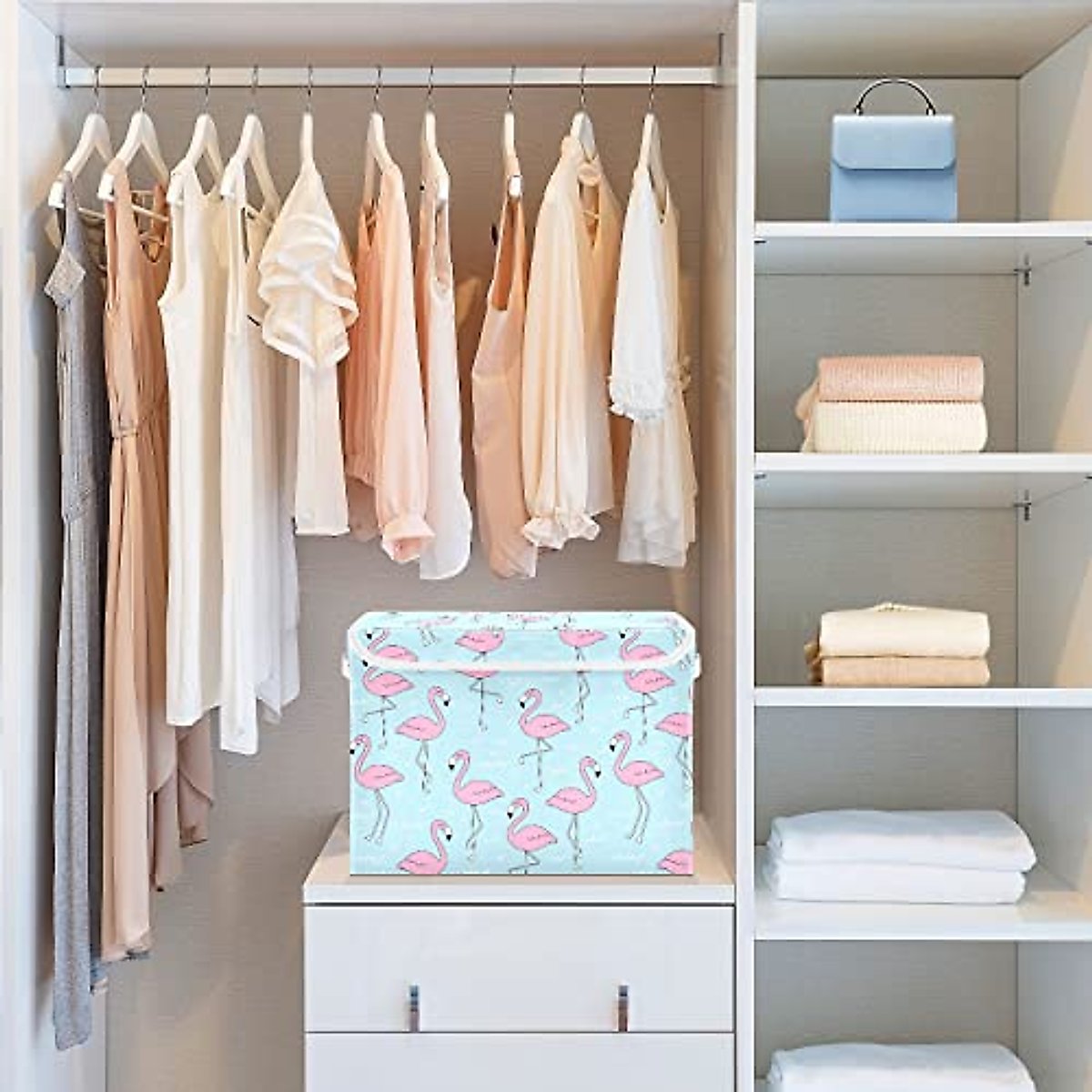 CaTaKu Flamingo Blue Cute Storage Bins with Lids Fabric Large Storage Container Cube Basket with Handle Decorative Storage Boxes for Organizing Clothes Shelves