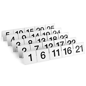 Juvale Set of 25 Restaurant Table Numbers 1-25, Double-Sided Acrylic Tent Table Numbers for Events, Banquets, Food Service, Wedding Receptions (Black and White, 3x2.75x2.5 in)