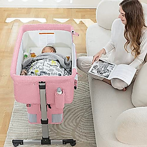 Ihoming Baby Bassinet Bedside Sleeper, Baby Bed Side Crib with Storage Basket, Easy Folding Bassinets, Adjustable Baby Bed for Infant Newborn, Pink