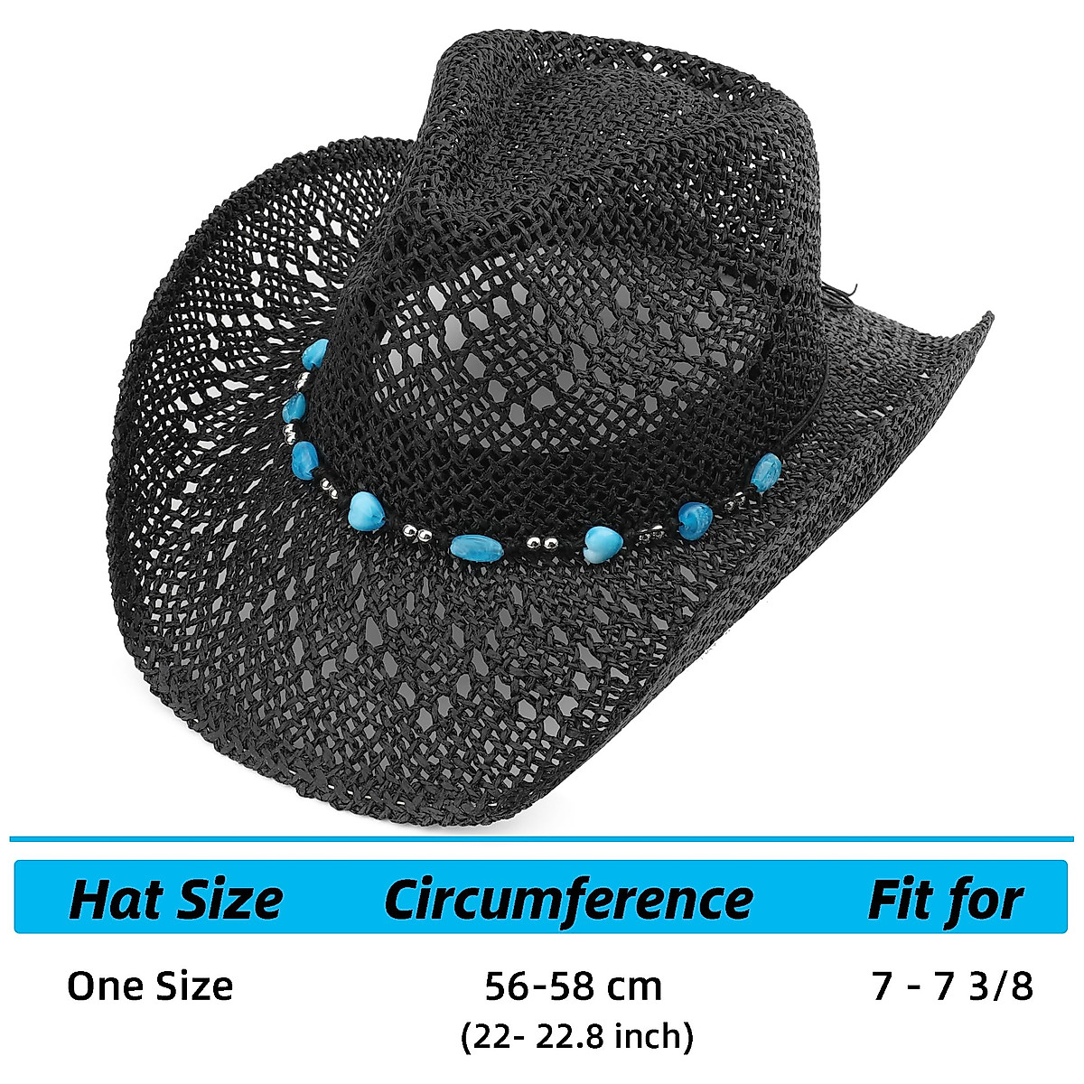 BESOOGII Straw Beach Cowboy Hat for Women Shapeable Brim Western Cowgirl Hat (US, Alpha, One Size, Black)