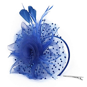 DOOVID Fascinators Hat for Women Tea Party Headband Kentucky Derby Wedding Cocktail Flower Mesh Feathers Hair Clip Royal Blue