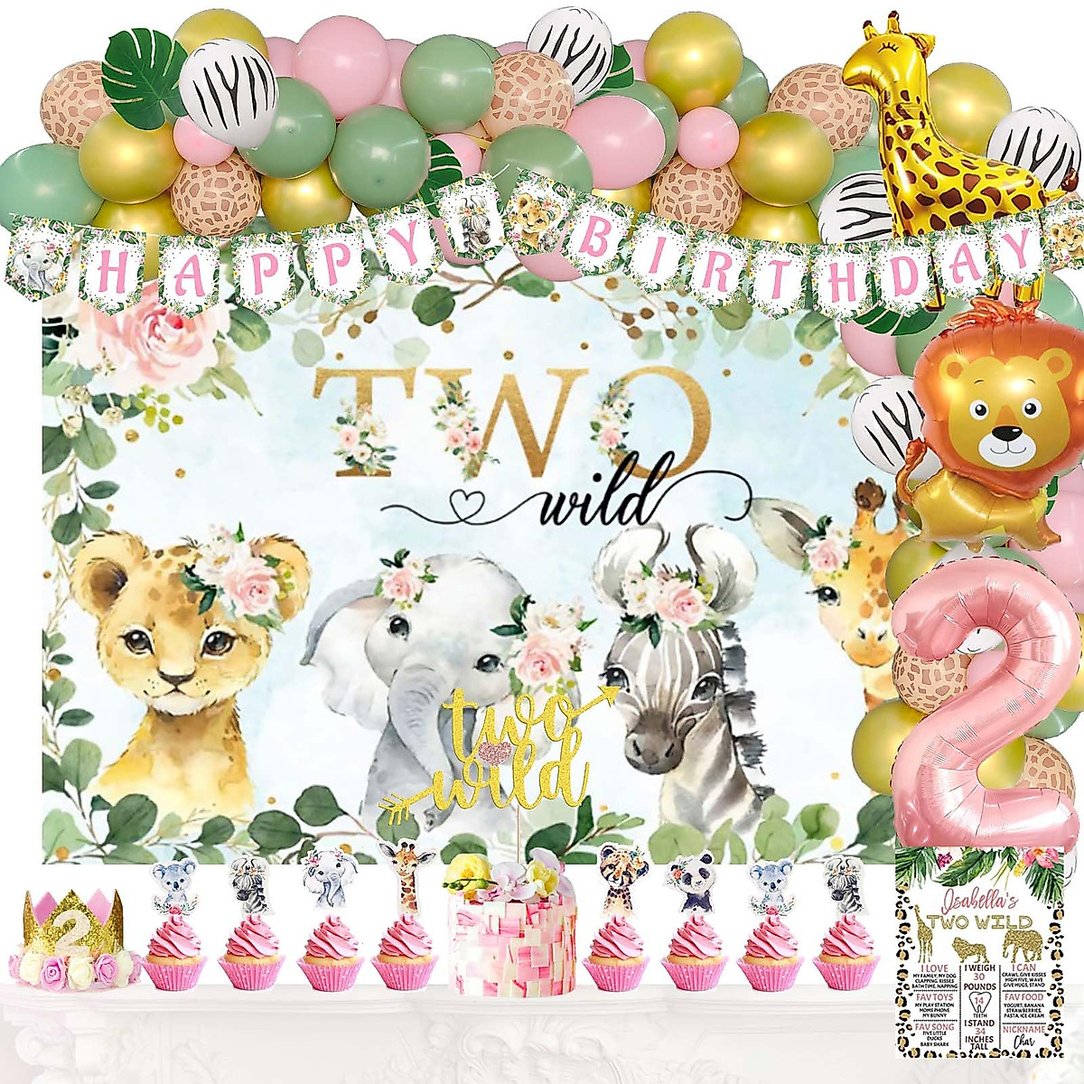Fiesec Two Wild Birthday Decorations Girl, Jungle Safari Animal Theme 2nd Party Decorations Backdrop Balloons Banner Cake Cupcake Topper Poster Crown Lion Cheetah Giraffe Pink 119 PCs