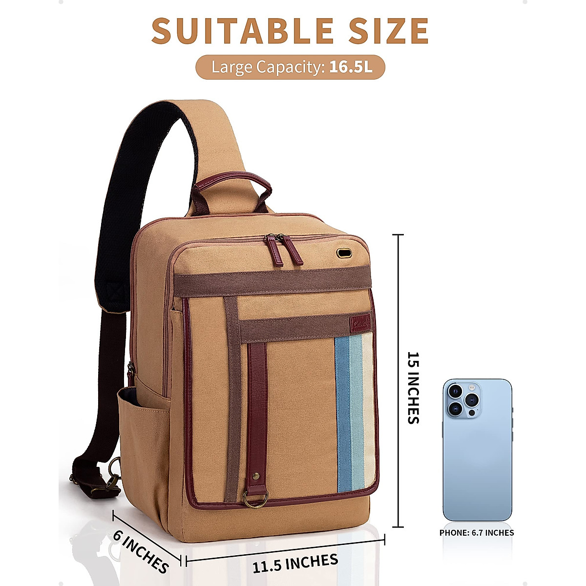 Celvetch Sling Bag for Men Women - Canvas Shoulder Bag Sling Backpack Laptop Messenger Bag for 15.6'' Crossbody Chest Bag Daypack for Travel - Coffee