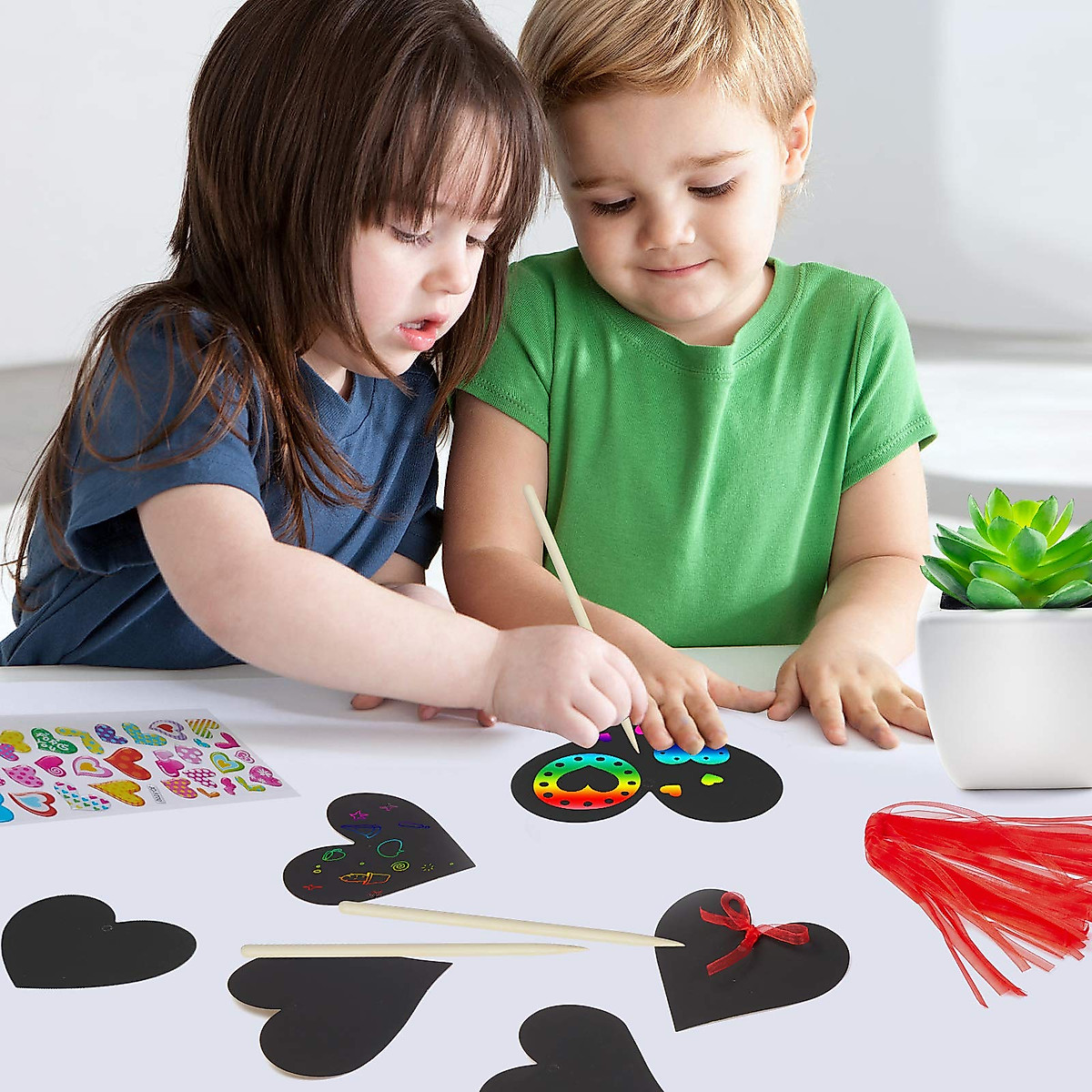 Rainbow Magic Scratch Art Set, 28 Heart Scratch Paper with Ribbons for Valentines Decorations, Scratch Art for Kids Class with 2Pcs 3D Stickers, Valentines Day Gifts for Kids (28 PCS Valentine Craft)