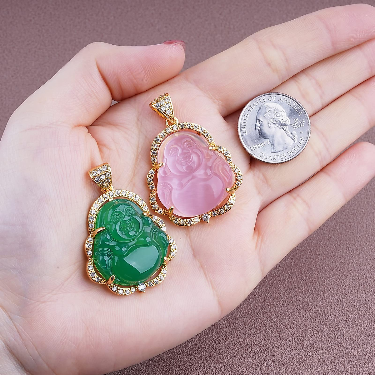 VIKCAUX Lucky Buddha Necklace Green Jade Stone Bling Laughing Buddha Pendant for Women Men