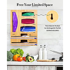 Bag Organizer Compatible with Ziplock, Jeethemy Foil and Plastic Wrap Organizer, 6 in 1 Bamboo Dispenser with Cutter for Kitchen Drawer and Wall Mounted, Storage for Gallon,Quart,Sandwich,Snack