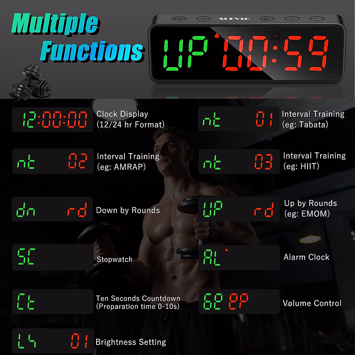 Portable Gym Workout Timer, Fitness Clock with The Rubber Case and Built-in Magnetic Spine, Large LED Digital Anti Vertigo Display, for Home Garage Schools (Black)