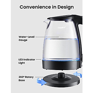 COMFEE' Electric Kettle, 1.7L Hot Water Boiler, 1500W Fast Boil, Glass Electric Tea Kettle with LED Indicator, Auto Shut-Off and Boil-Dry Protection, BPA Free