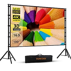 Projector Screen and Stand,Towond 100 inch Projection Screen Outdoor Indoor, Portable 16:9 4K HD Rear Front Movie Screen with Carry Bag Wrinkle-Free Design for Home Theater Backyard Cinema