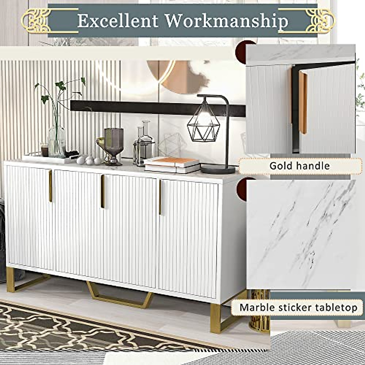 XD Designs Modern Luxury 60'' Large Storage Cabinet with Gold Metal Handles & Legs, Kitchen Buffet Cabinet Console Entryway Table with Adjustable Shelves for Living Room Kitchen (White-F)