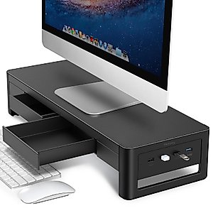 meatanty 2 in 1 Monitor Stand Riser with 2 Storage Drawers and 4 USB Ports, Metal Computer Monitor Stand Supports Transfer Data and Charging, Desk Organizer for PC,Laptop,iMac (21 inches)