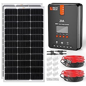 RICH SOLAR 200 Watt 12 Volt Monocrystalline Solar Starter 20A MPPT Charge Controller/Mounting Z Brackets/Tray Cable/Adaptor Kit
