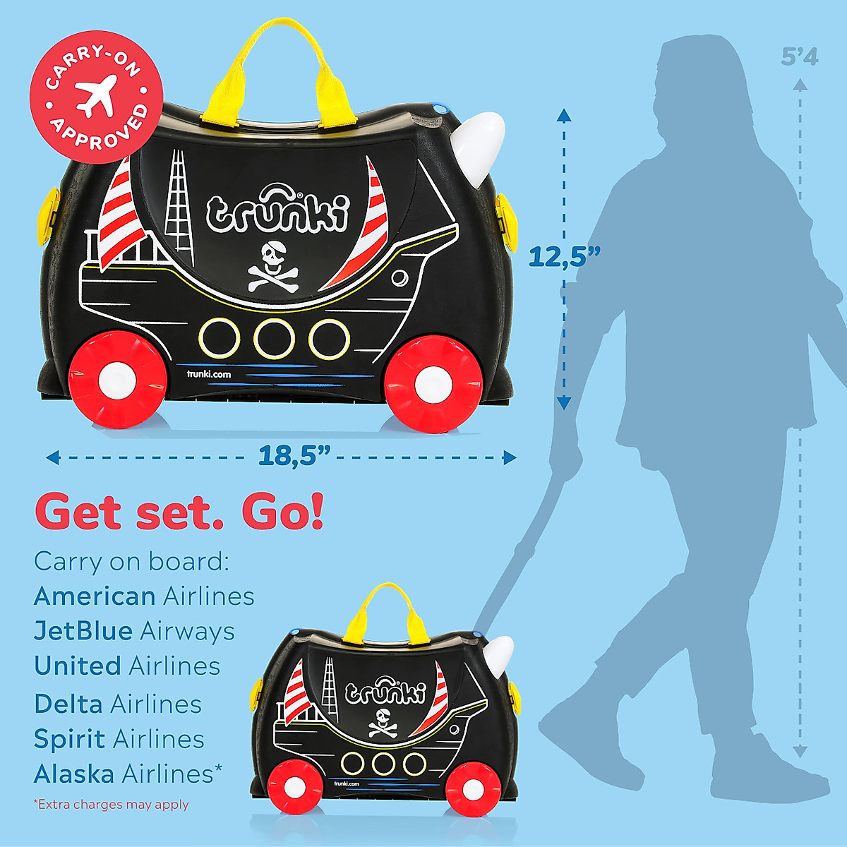 Trunki Ride-On Kids Suitcase | Tow-Along Toddler Luggage | Carry-On Cute Bag with Wheels | Kids Luggage and Airplane Travel Essentials: Pedro Pirate Ship Black