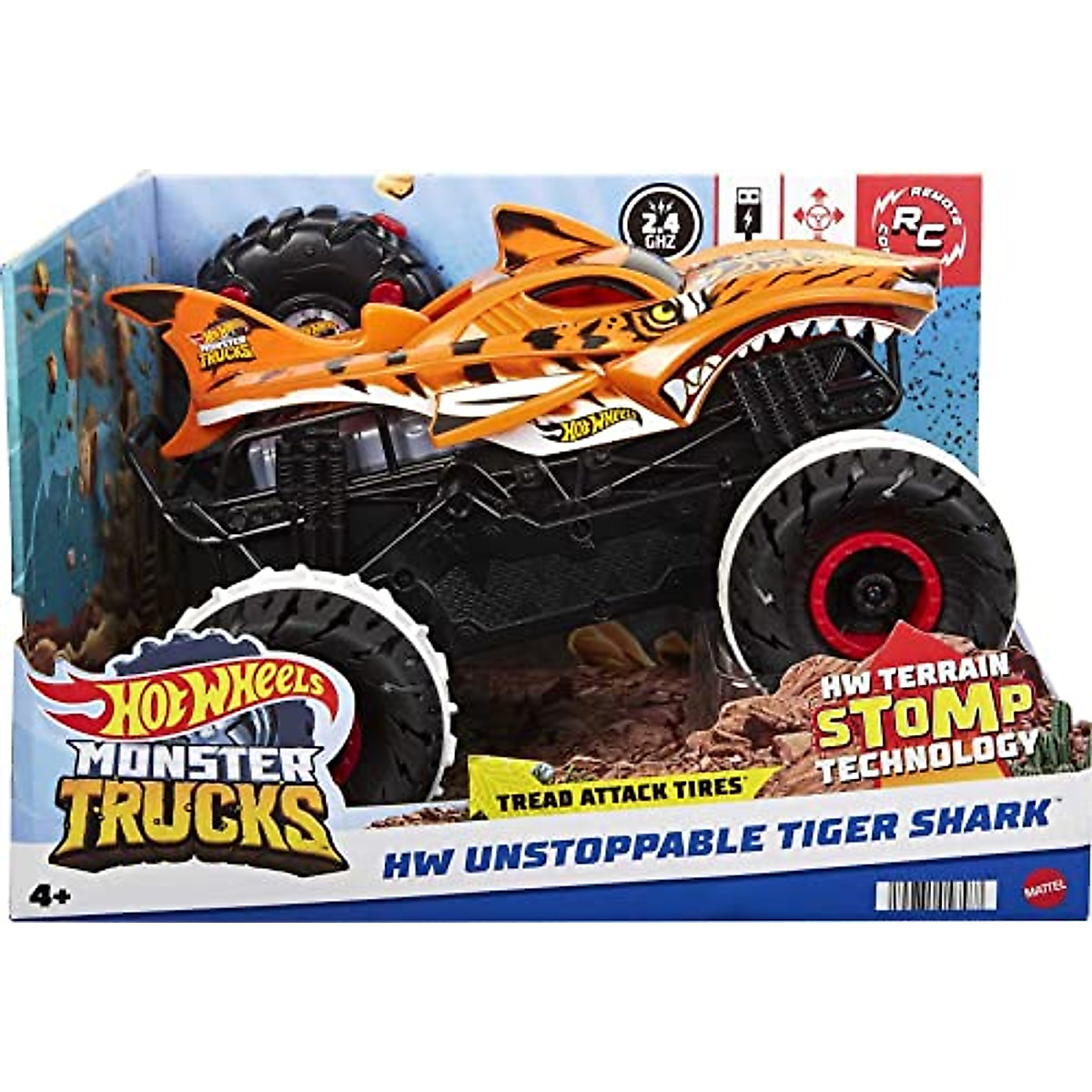 Hot Wheels Rc Monster Trucks Unstoppable Tiger Shark in 1:15 Scale, Remote-Control Toy Truck with Terrain Action Tires