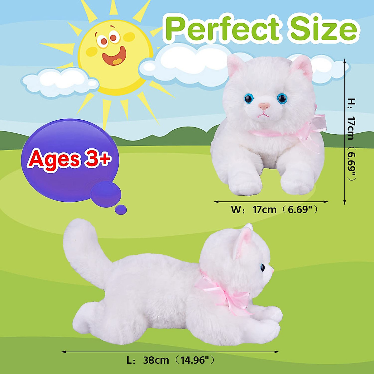 Plush Cat Stuffed Animal White Cat Realistic Toy Super Soft Kitten Cuddly Pet Kitty Fluffy Soothing Hugging Sleeping Birthday Christmas Children's Day Gift for Kid 14.96"