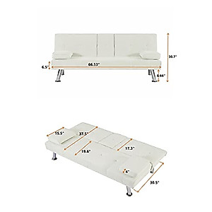 Yone jx je Convertible Folding Futon Sofa Bed,PU Leather Upholstered Modern Couch Loveseat Sleeper, Folding Daybed Guest Bed, Removable Armrests, 2 Cup Holders, Metal Legs (Brown)