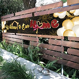 Meltelot Welcome to Our Home Large Banner, New Home Lawn Decor, Rustic Welcome Home Porch Sign, Housewarming Gift, Indoor Outdoor Backdrop 8.9 x 1.6 Feet
