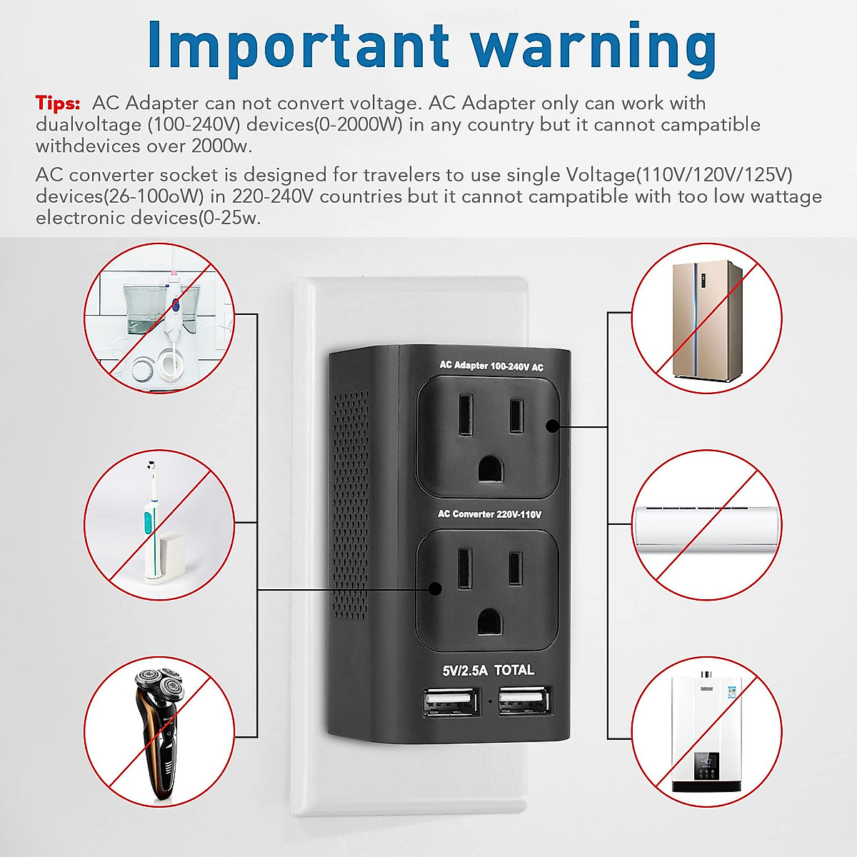 Voltage Converter 220V to 110V, 2000W Travel Adapter Global Power Adapter with 2 USB Ports and EU/UK/AU/US Plug Adapter